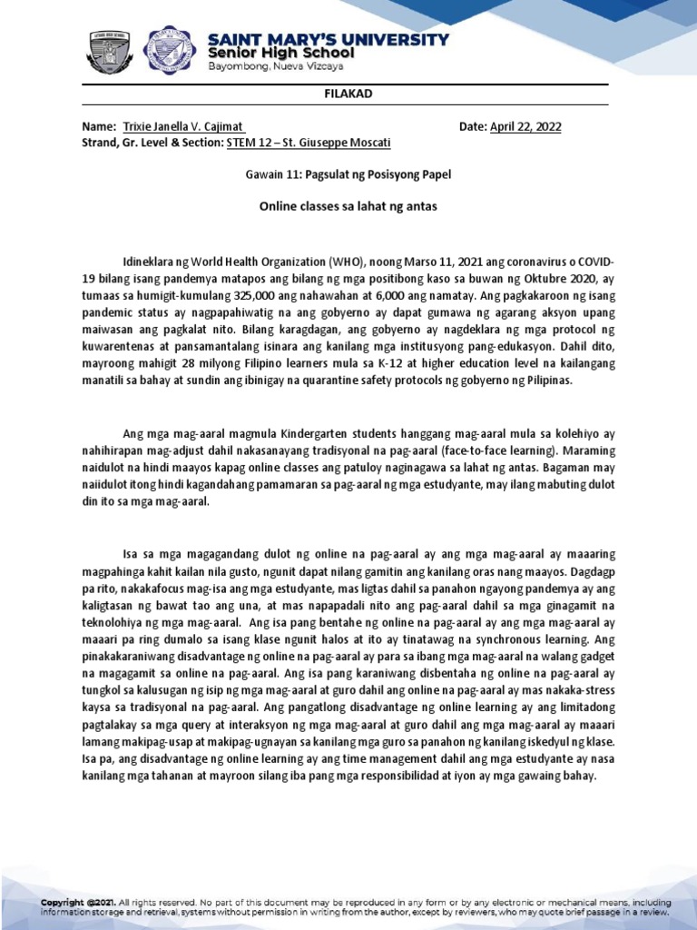 Gawain 11 Pagsulat NG Posisyong Papel (Filakad) | PDF