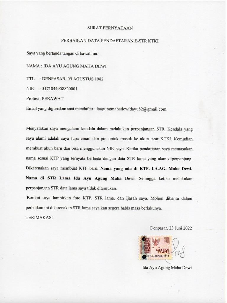 Surat Pernyataan Perbaikan Pendaftaran Estr Ktki Perawat | PDF