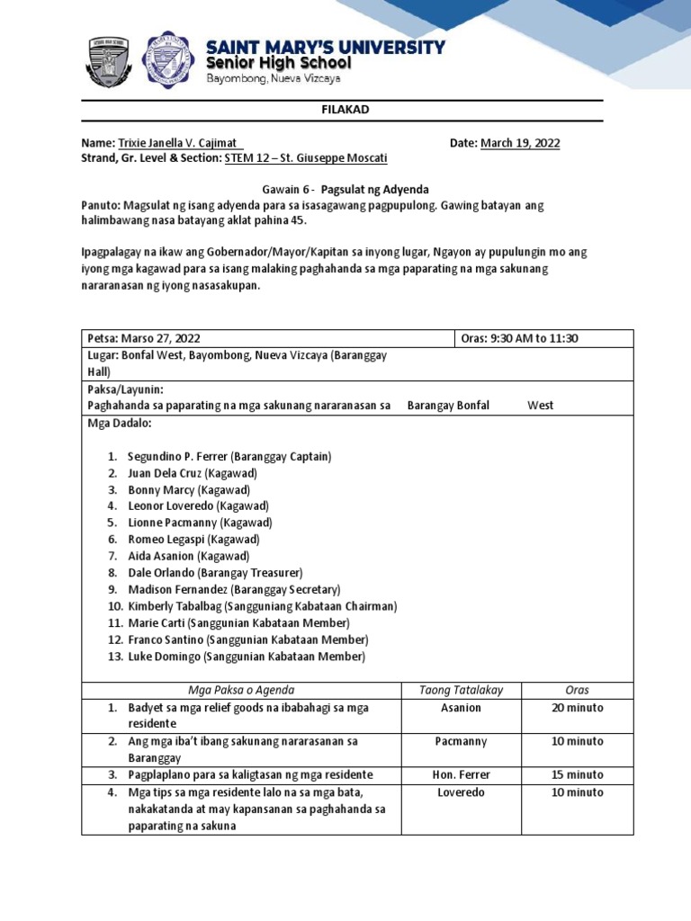 Cajimat, Trixie Janella V. (Gawain 6 Pagsulat NG Adyenda) | PDF