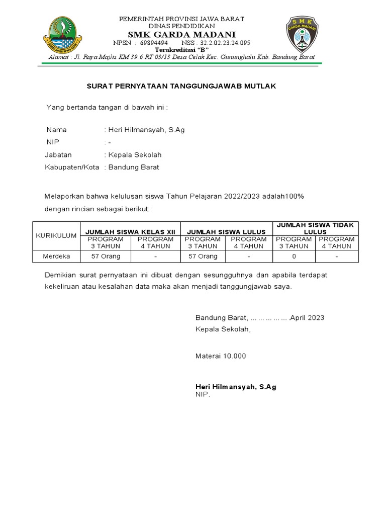 SPTJM Kelulusan SMK Garda Madani | PDF