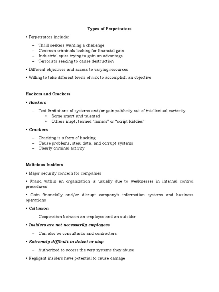 Types of Perpetrators | PDF | Security Hacker | Espionage