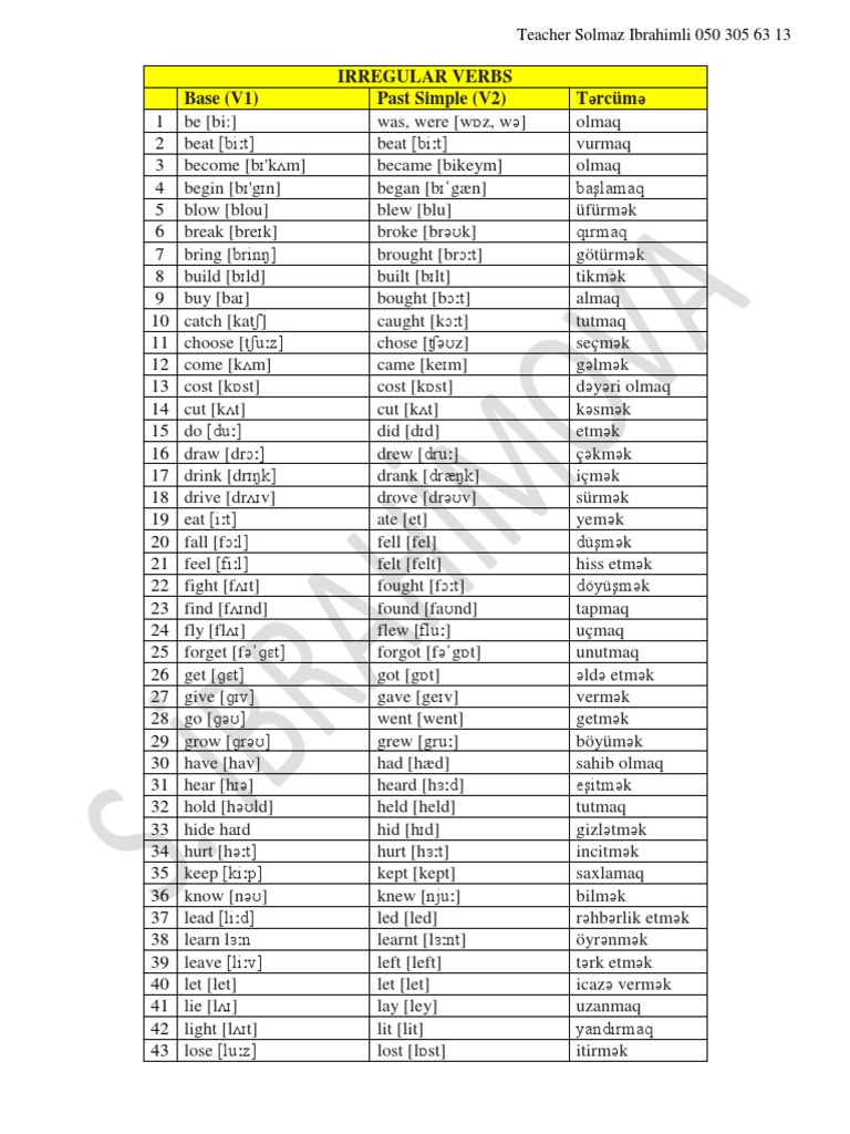 Qaydasız Feillər (İrregular Verbs) | PDF