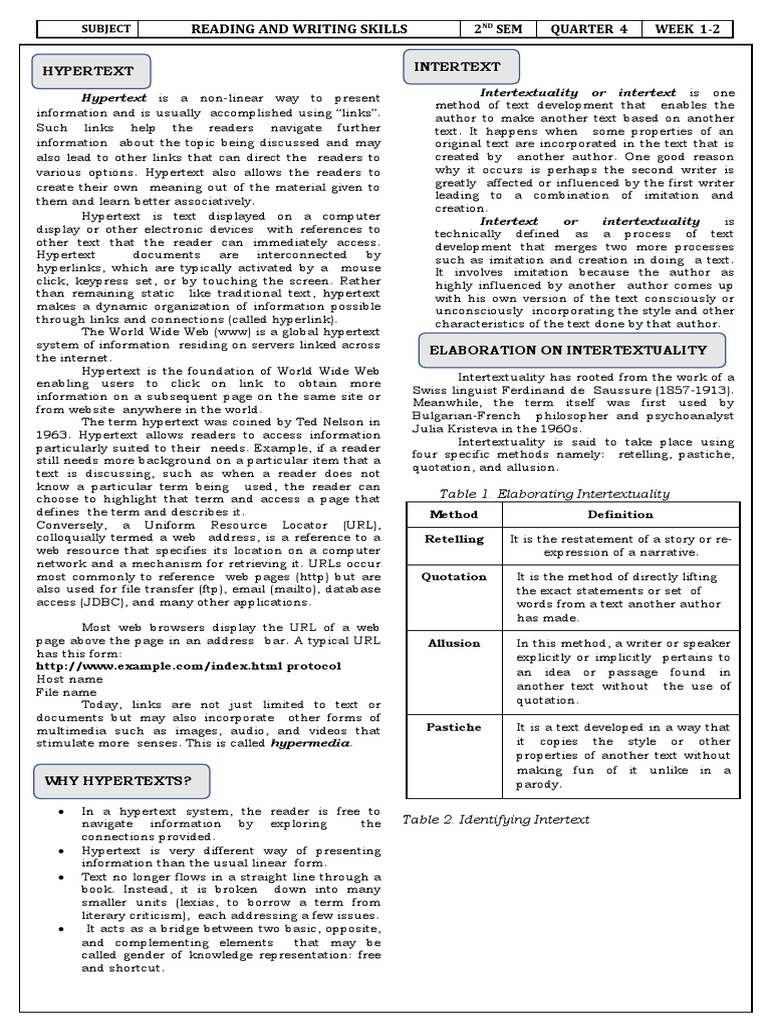 Exploring Hypertext and Intertextuality: Methods of Text Development and Navigation of Online ...