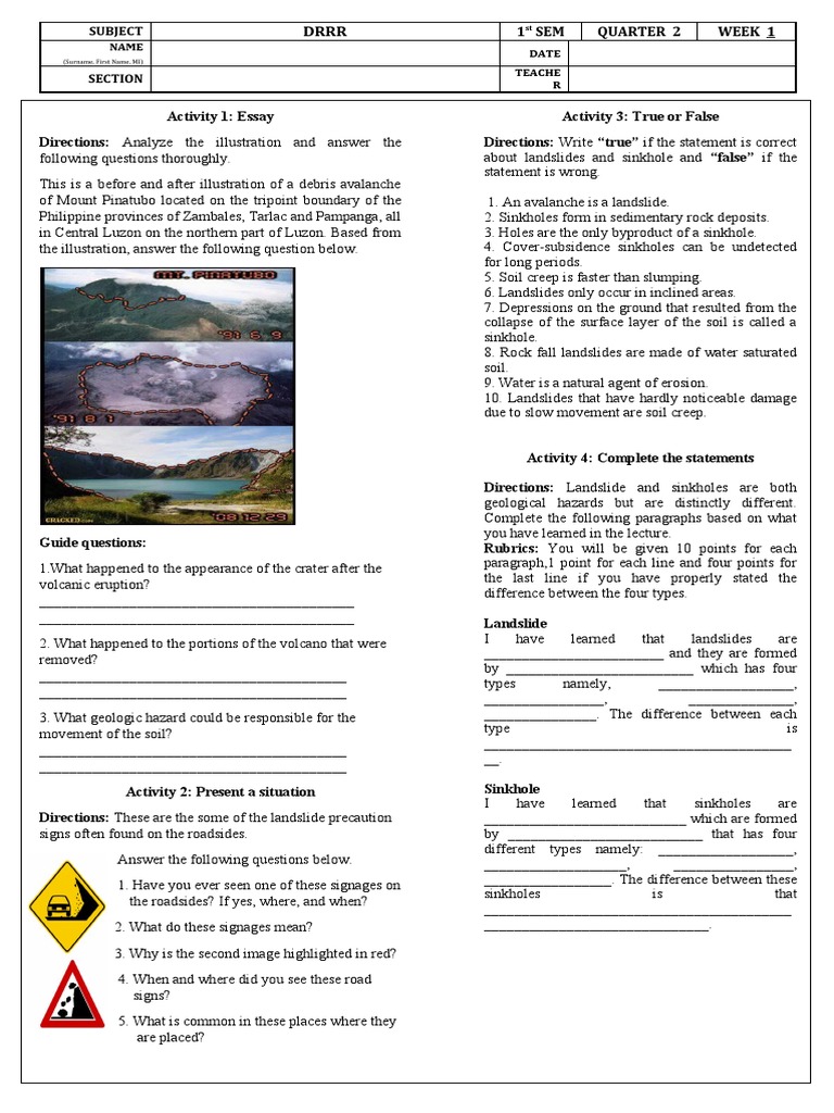 DRRR ACTIVITY SHEET Q2 Week1 | PDF | Landslide | Sinkhole