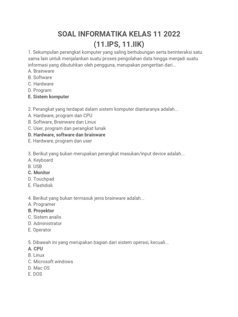 Soal Informatika Kelas 11 2022 | PDF