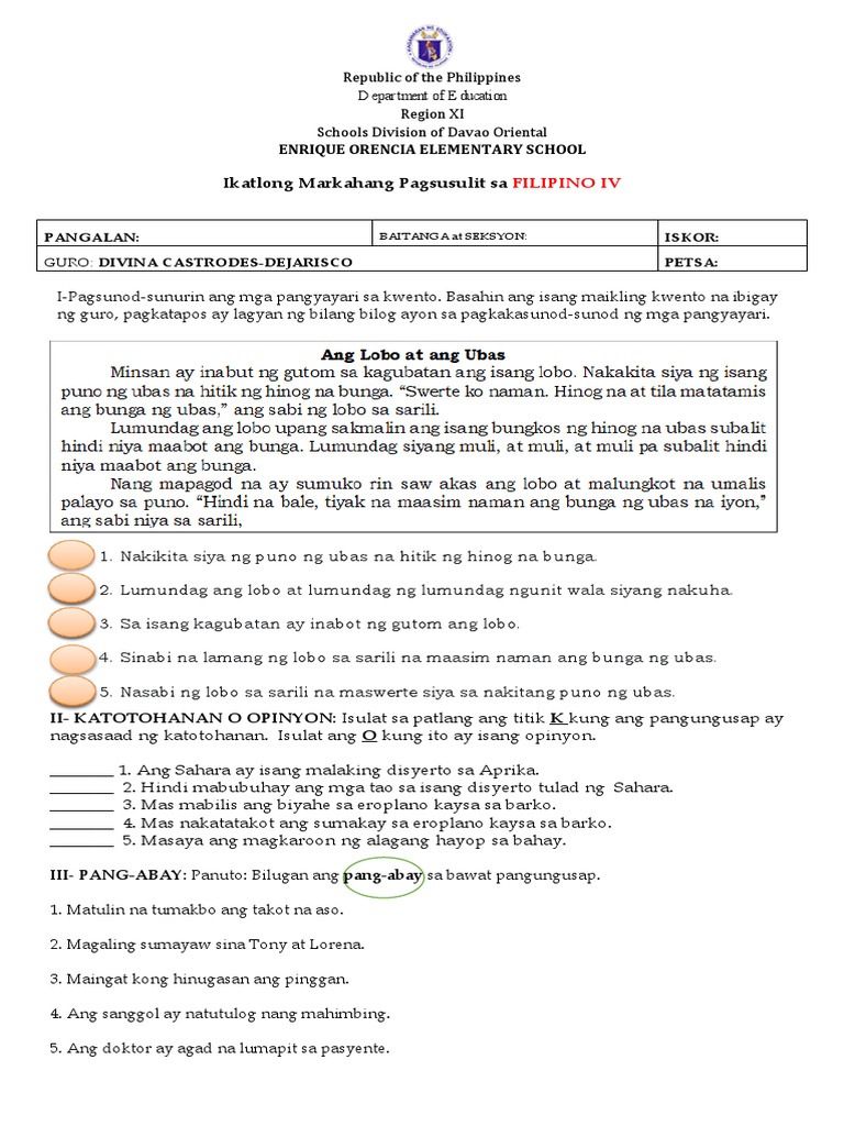 3RD Quarter Exam in Filipino 4 | PDF