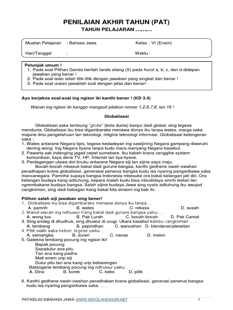 Soal Pat Kelas 6 Bahasa Jawa | PDF
