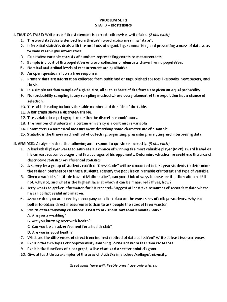 Problem Set 1 STAT 3 - Biostatistics: Great Souls Have Will. Feeble Ones Have Only Wishes | PDF ...