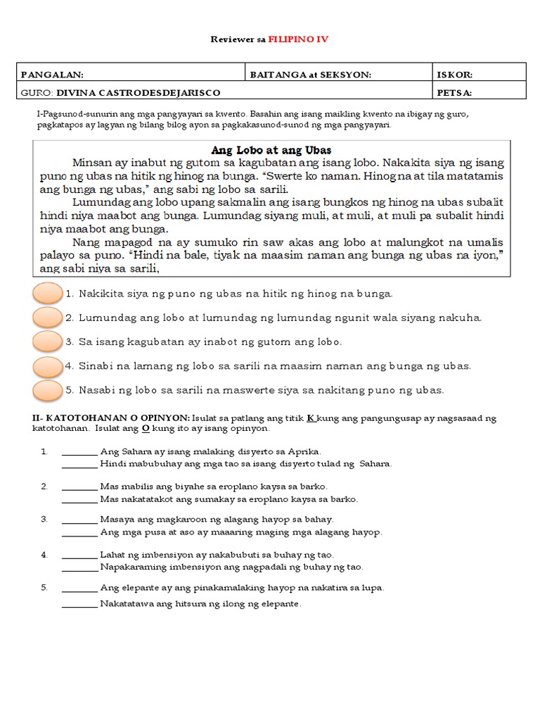 Reviewer Sa FILIPINO IV | PDF