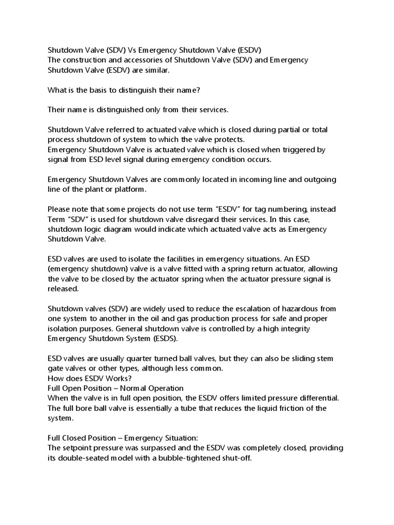 SDV Vs ESDV | PDF | Valve | Mechanical Engineering
