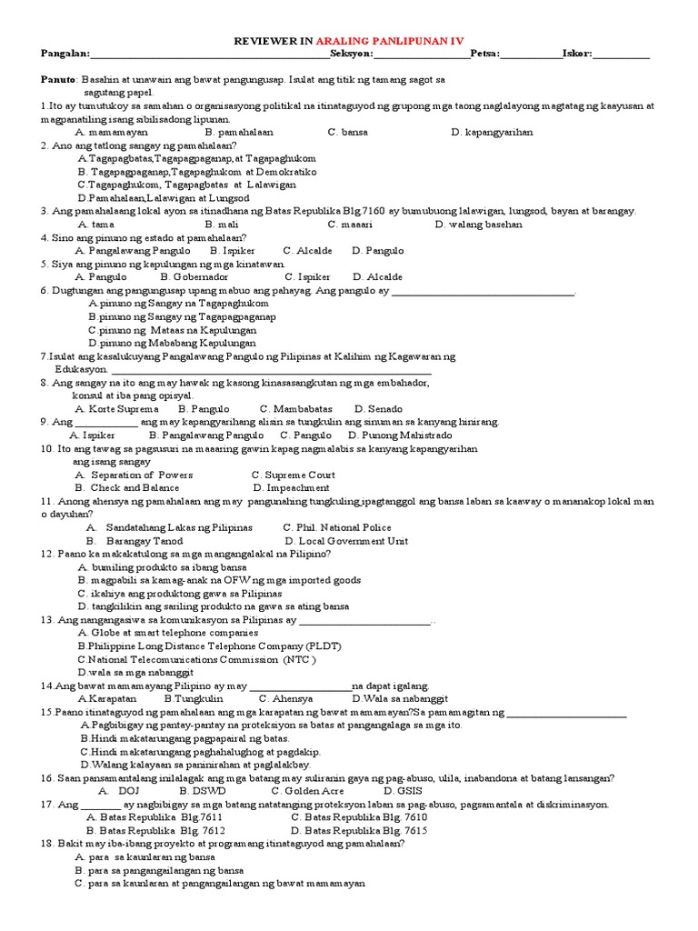 Reviewer in Araling Panlipunan Iv | PDF