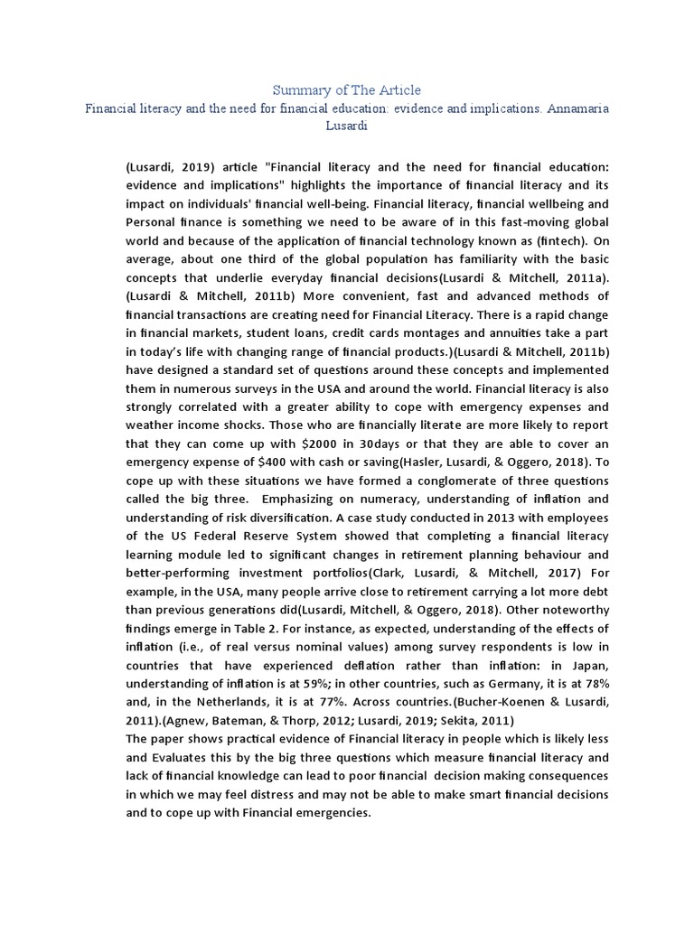 Summary (Financial Literacy and The Need For Financial Education | PDF ...