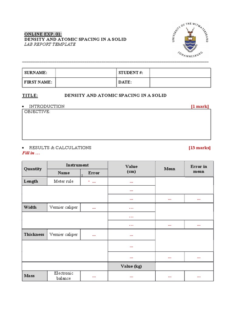 Online Exp01 Density Atomic Spacing Lab Report Template 3 Pdf