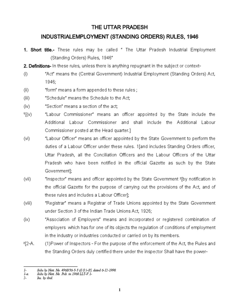 The Uttar Pradesh Industrialemployment (Standing Orders) Rules, 1946 | PDF | Shift Work | Employment