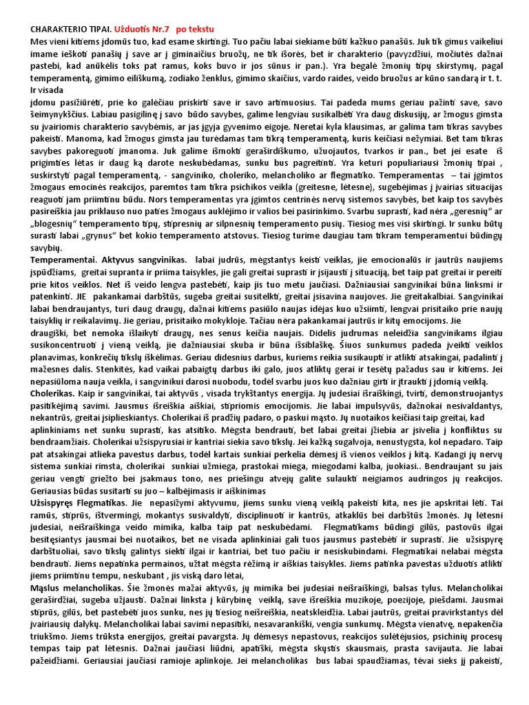 CHARAKTERIO TIPAI - Užduotis | PDF