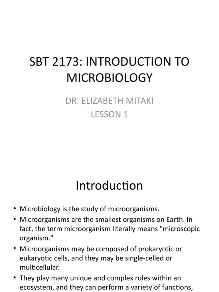 SBT 2173: Introduction To Microbiology: Dr. Elizabeth Mitaki Lesson 1 | PDF | Microorganism ...