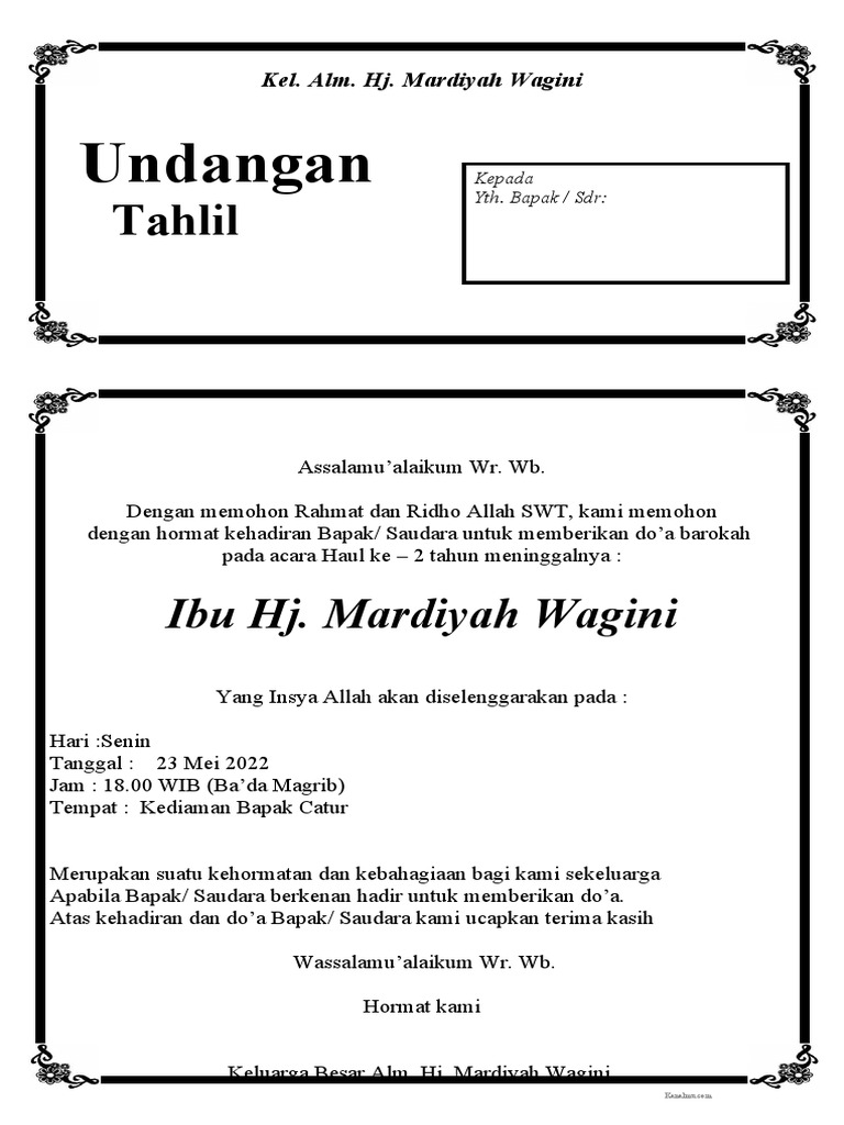 Undangan Tahlil Haul Ibu Hj. Mardiyah | PDF