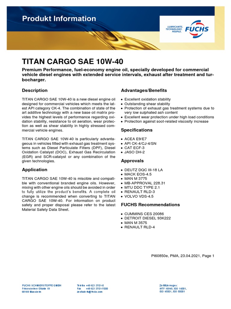 Titan Cargo 10W-40 | PDF | Motor Oil | Vehicle Parts