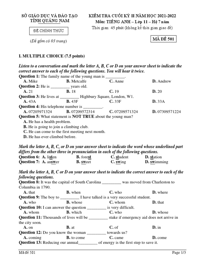 De Kiem Tra Cuoi Hoc Ky 2 Tieng Anh 11 Nam Hoc 2021 2022 So GDDT Quang Nam | PDF | Rainforest ...