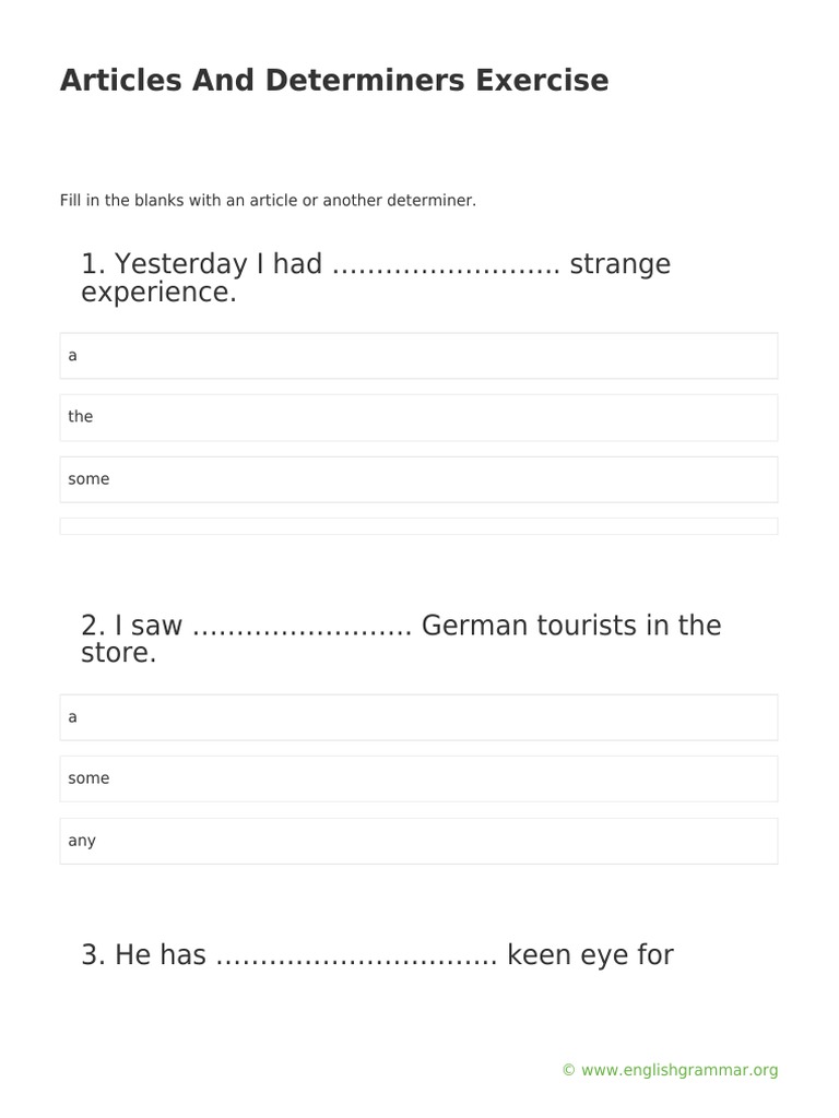 Articles and Determiners Exercise | PDF