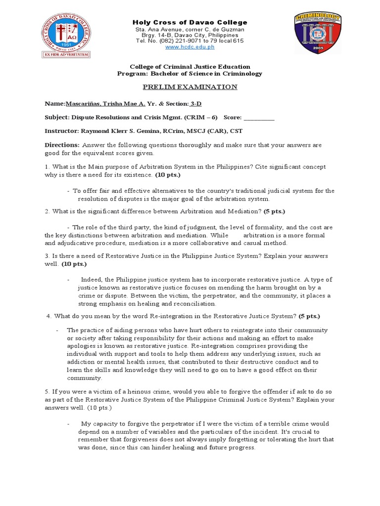 Prelim Examination: College of Criminal Justice Education Program ...