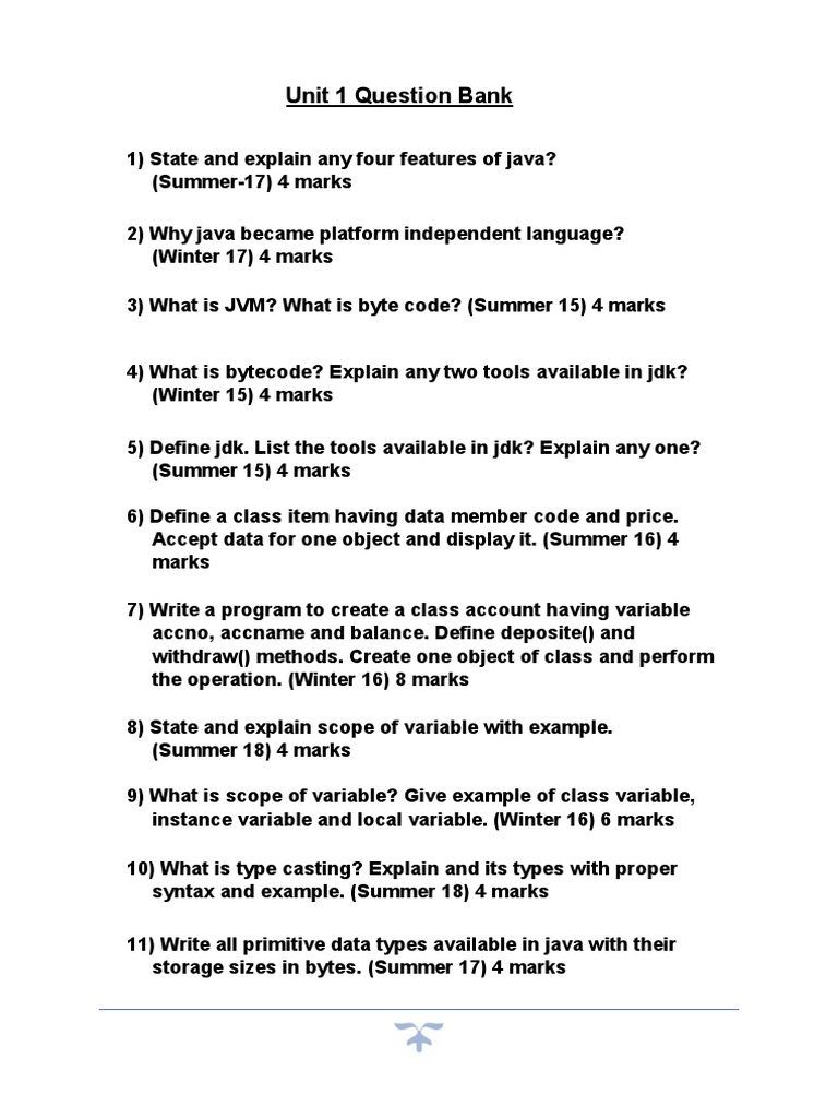 JAVA UNIT-1 Question Bank | PDF | Java (Programming Language) | Class (Computer Programming)