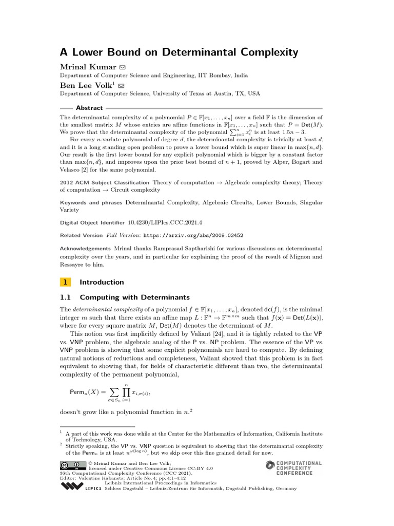 A Lower Bound On Determinantal Complexity Pdf Determinant Matrix Mathematics