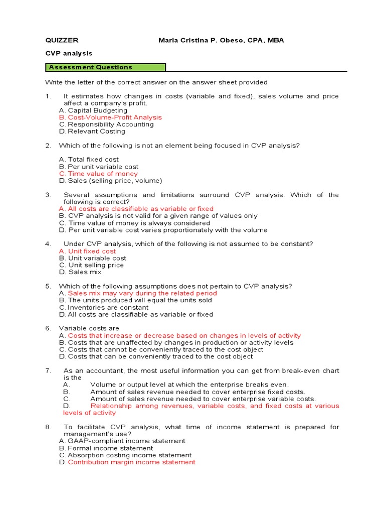 CVP ANALYSIS QUIZ ASSESSMENT | PDF | Money | Financial Markets CVP ANALYSIS QUIZ ASSESSMENT | PDF | Money | Financial Markets