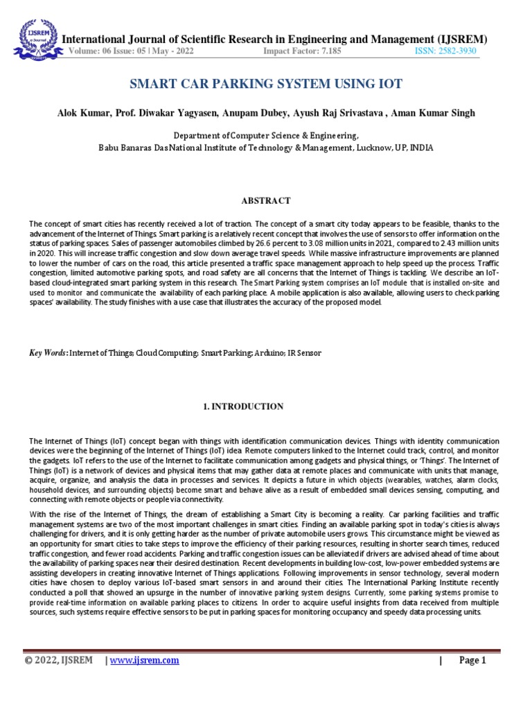 Smart Car Parking System Using Iot | PDF | Internet Of Things | Parking