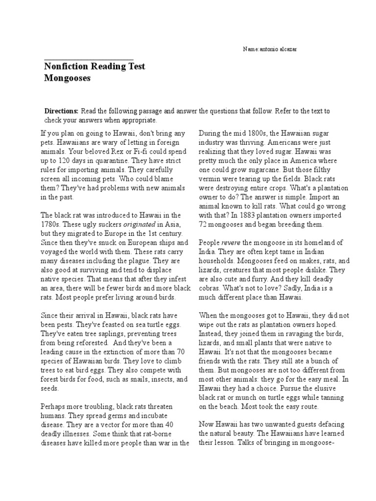 Nonfiction Reading Test Mongooses | PDF | Hawaii | Rat