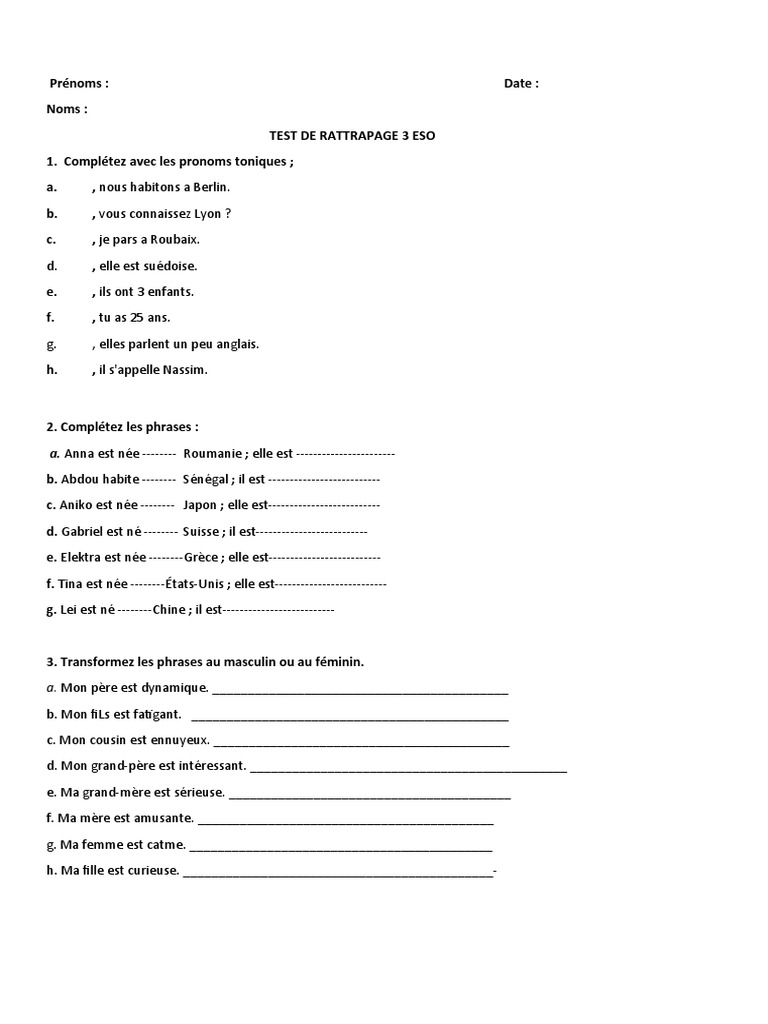 Test de rattrapage 3 ESO | PDF