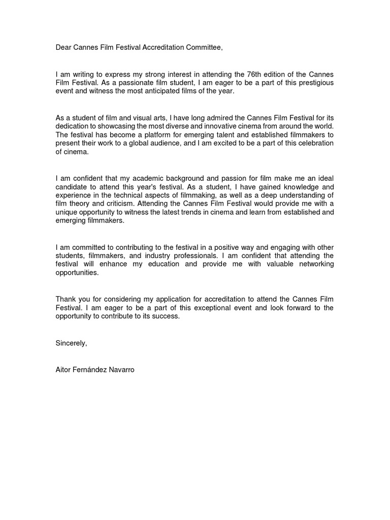 Dear Cannes Film Festival Accreditation Committee | PDF