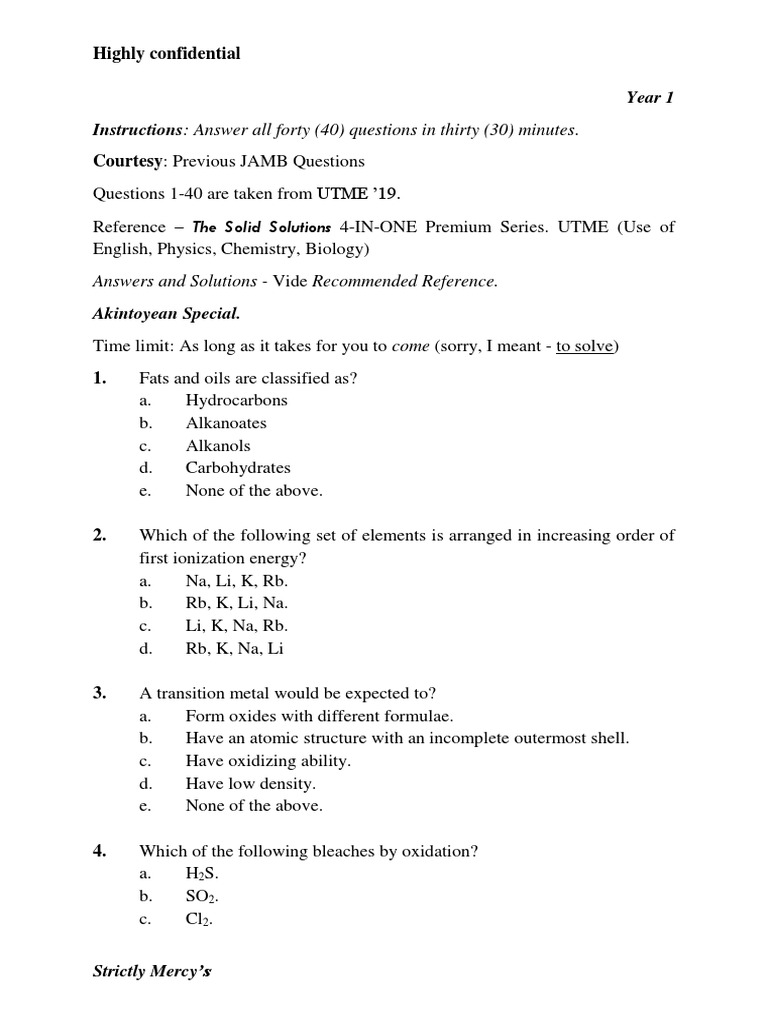 Questions - Chemistry Ima Mmi's | PDF | Triglyceride | Redox