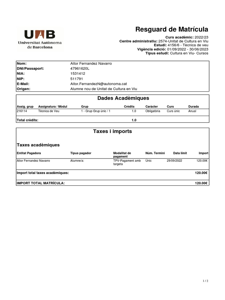Resguard de Matrícula: Dades Acadèmiques | PDF