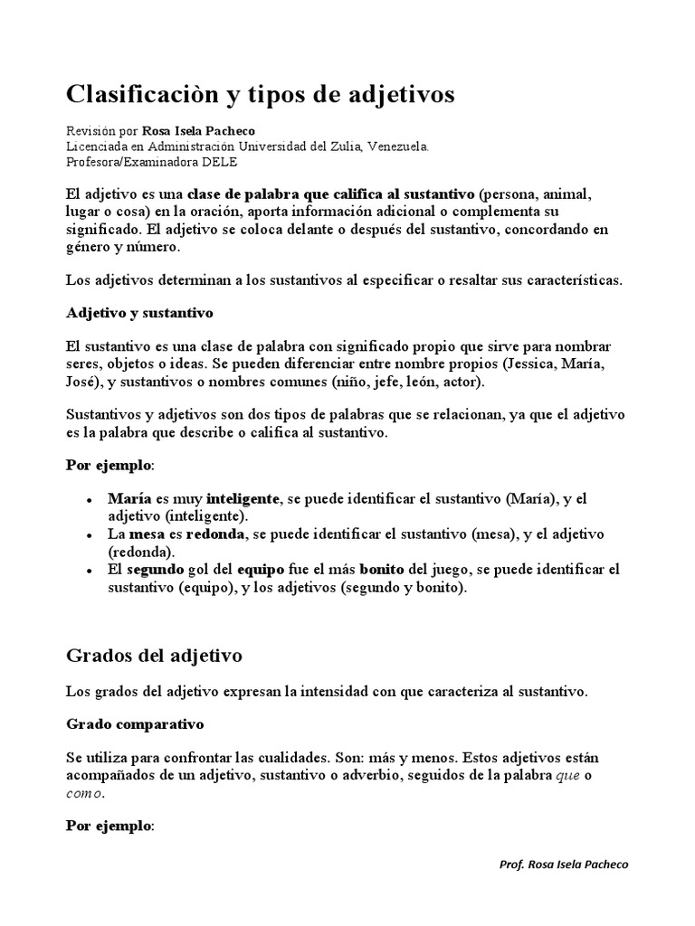 Clasificaciòn y Tipos de Adjetivos | PDF