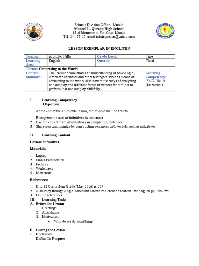 Lesson Exemplar Infinitives | PDF