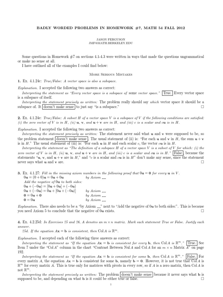 Badly Worded Questions in HW7 | PDF | Linear Subspace | Vector Space