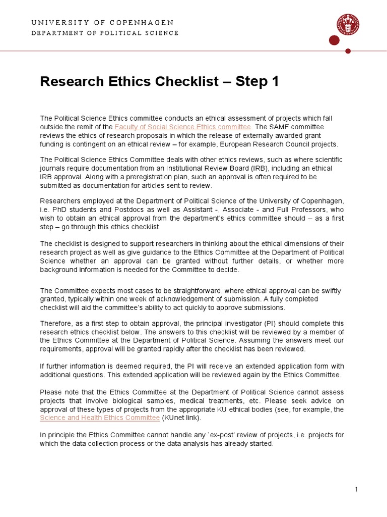 Research Ethics Checklist | PDF | Institutional Review Board | Informed ...
