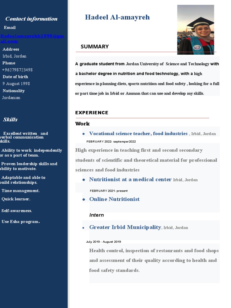 Hadeel's CV | PDF | Jordan | Food Safety