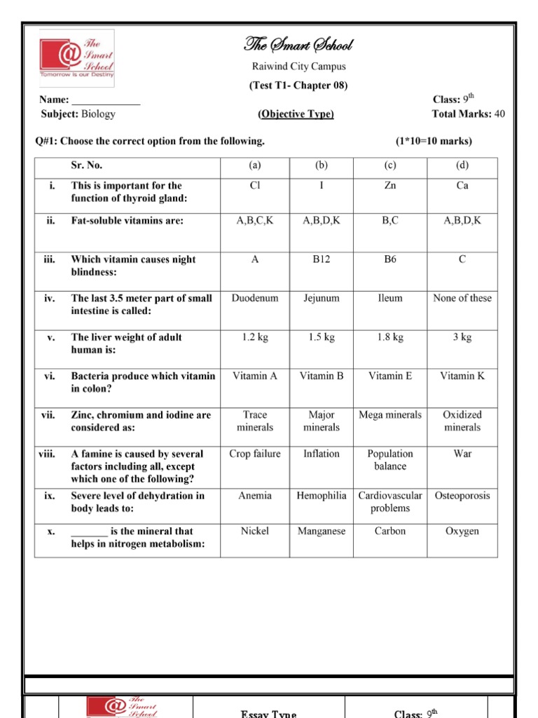 9th Class Chapter Wise Test LHR Board | PDF