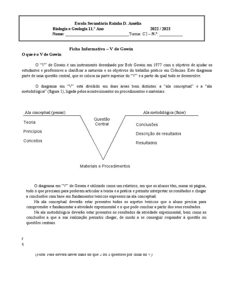 Ficha Informativa - O Diagrama em V de Gowin: Uma Ferramenta para ...
