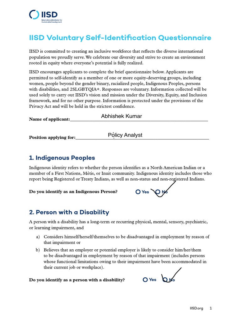 IISD Voluntary Self-Identification Questionnaire: 1. Indigenous Peoples ...