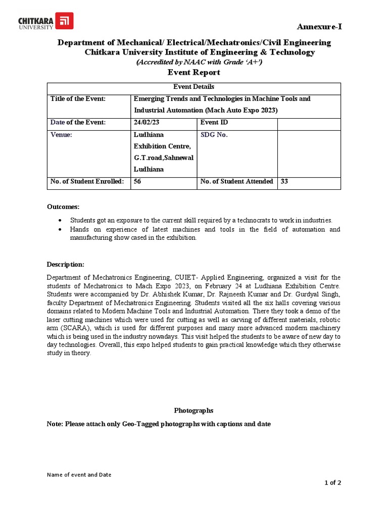 Annexure-I Department of Mechanical/ Electrical/Mechatronics/Civil Engineering Chitkara ...