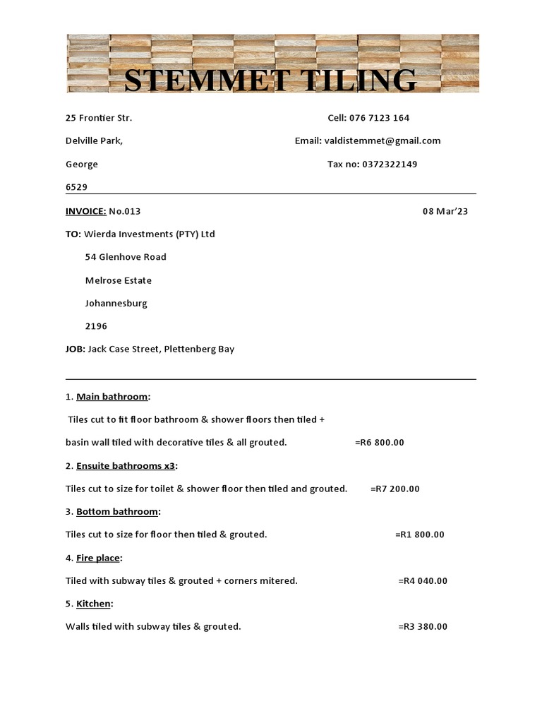 Tiling Invoice for Wierda Investments | PDF