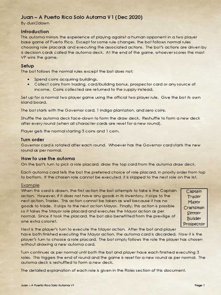 Puerto Rico Solo Automa Guide | PDF