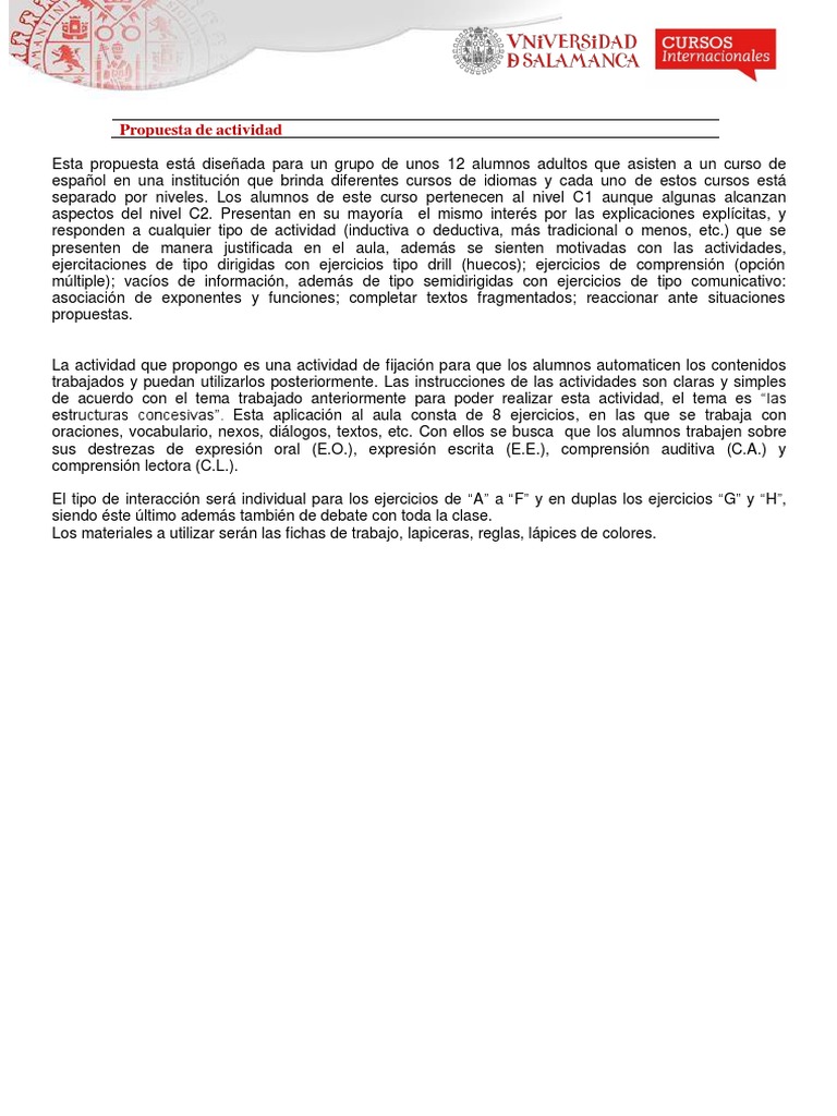 Actividad sobre estructuras concesivas | PDF | Salón de clases ...