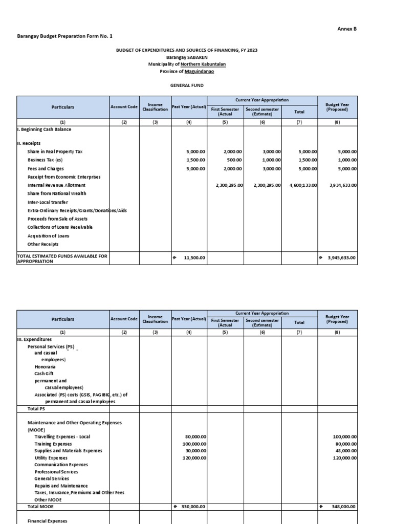Annex B Barangay Budget Preparation Form No. 1: Budget of Expenditures and Sources of Financing ...