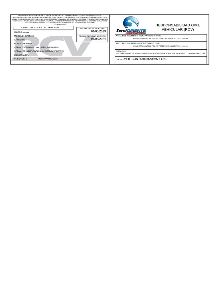 Responsabilidad Civil Vehicular (RCV) | PDF