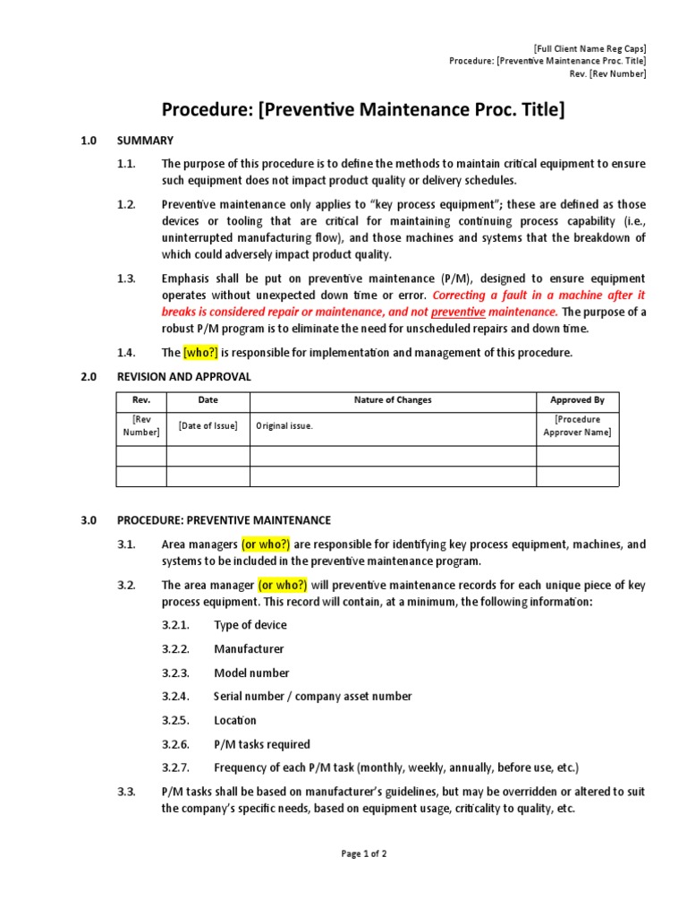 Procedure - Preventive Maintenance | PDF