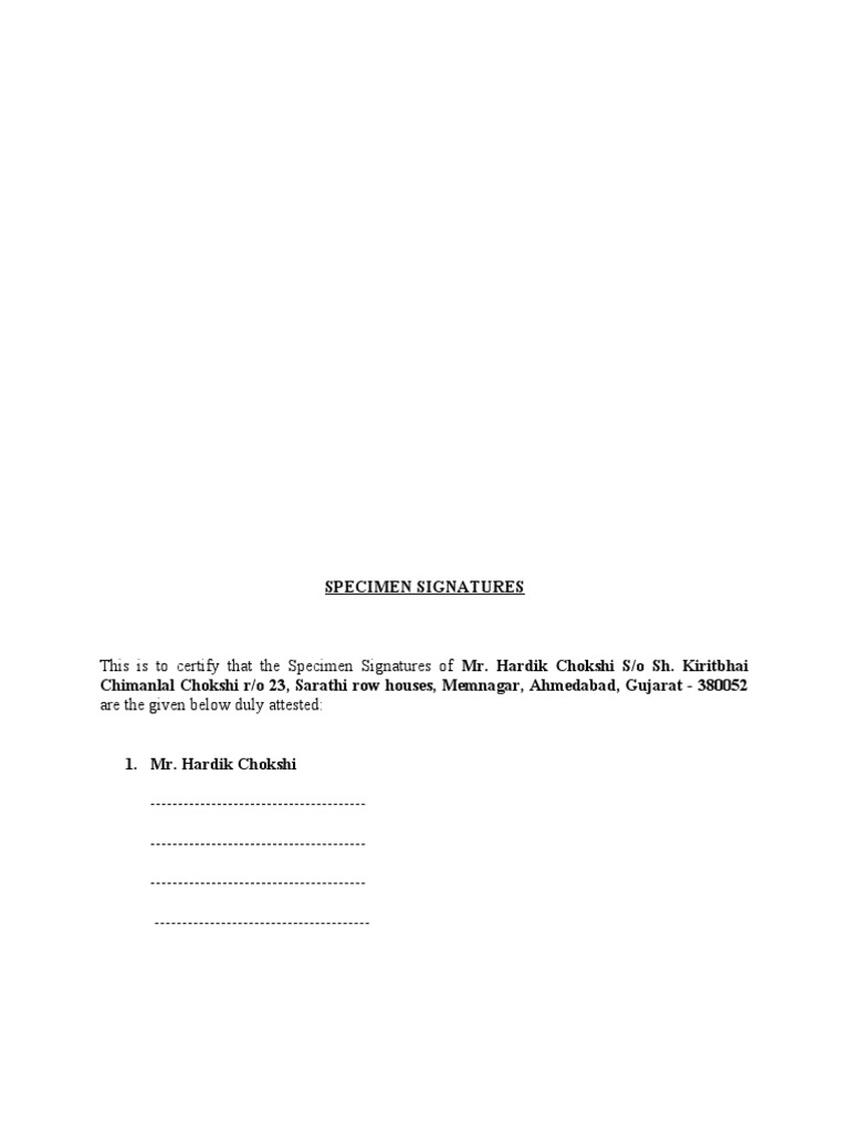 Specimen Signatures Certification | PDF